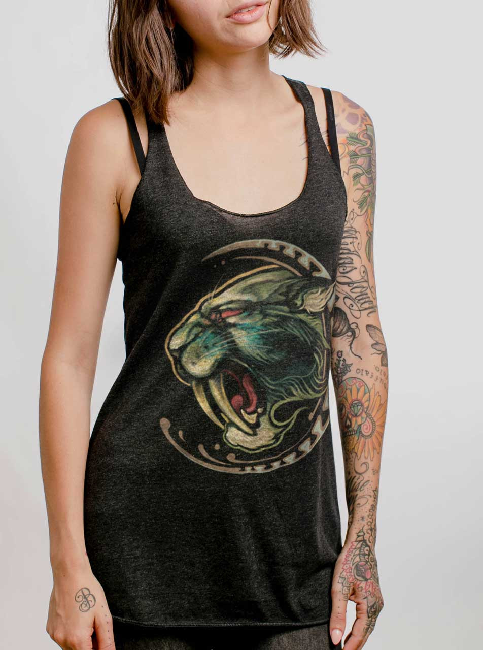 Sabertooth - Multicolor on Heather Black Triblend Womens Racerback Tank ...