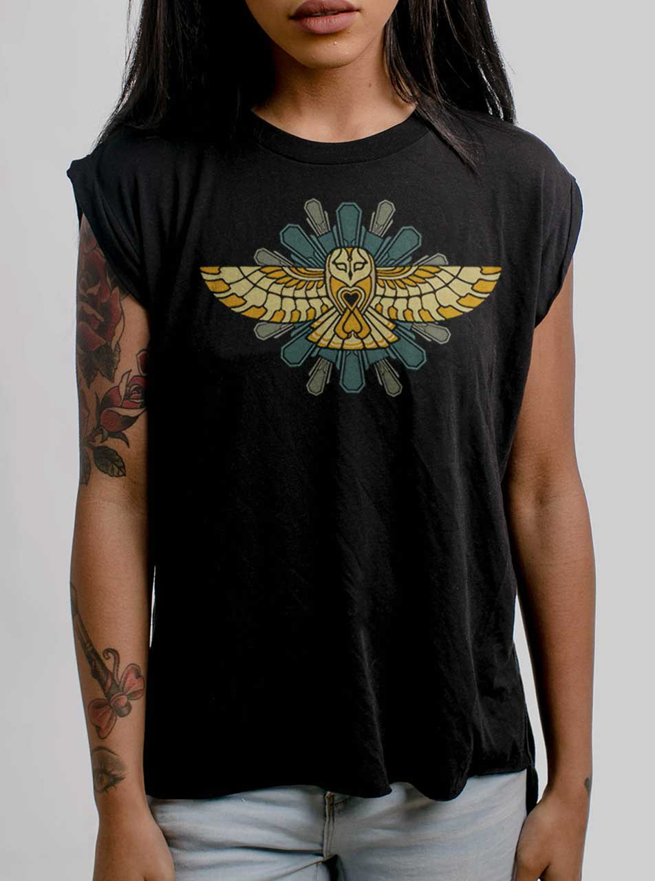 Cosmic Owl - Multicolor on Black Women's Rolled Cuff T-Shirt - Curbside ...