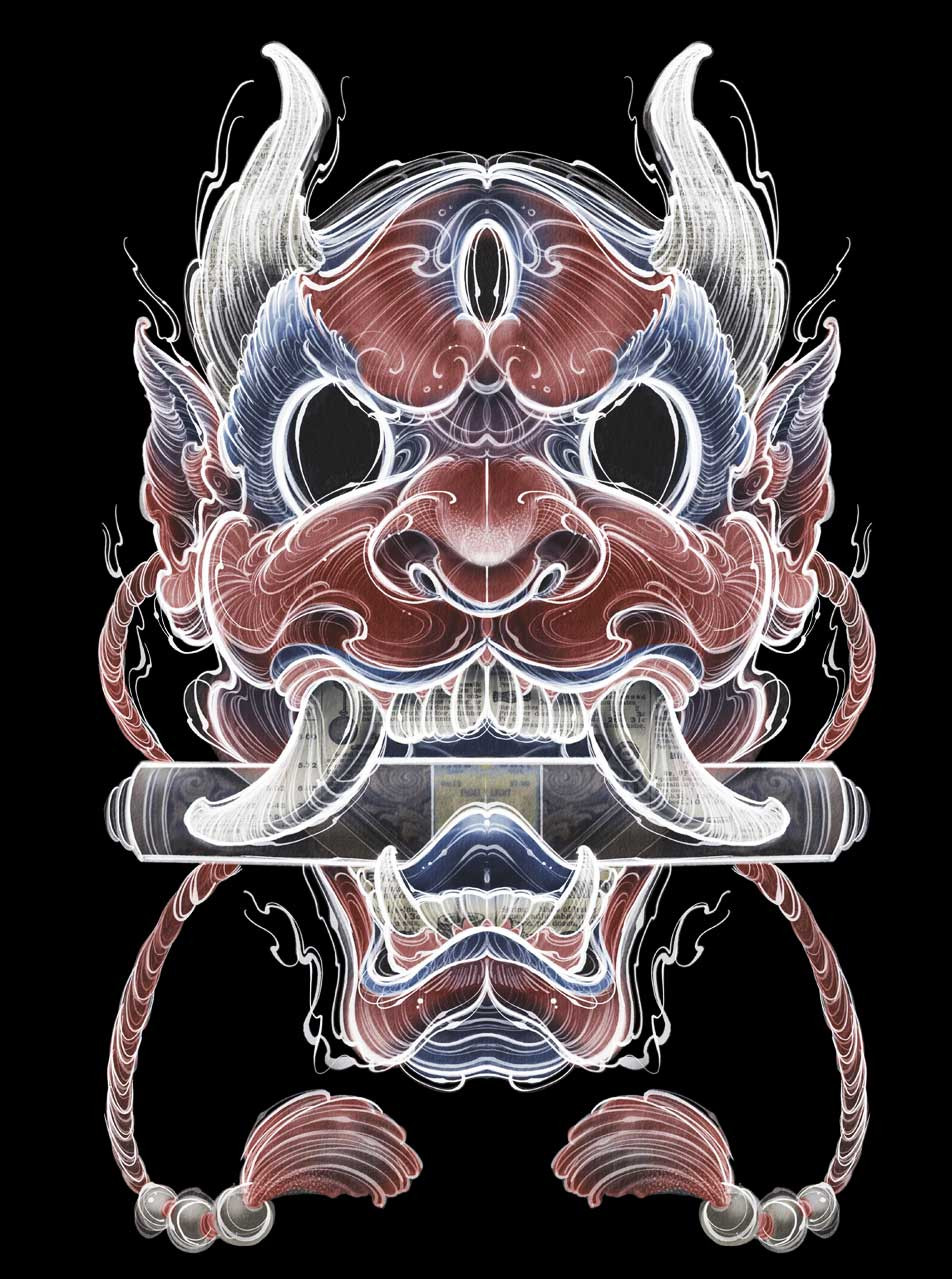Oni Mask - Multicolor on Black Womens Muscle Tank - Curbside Clothing