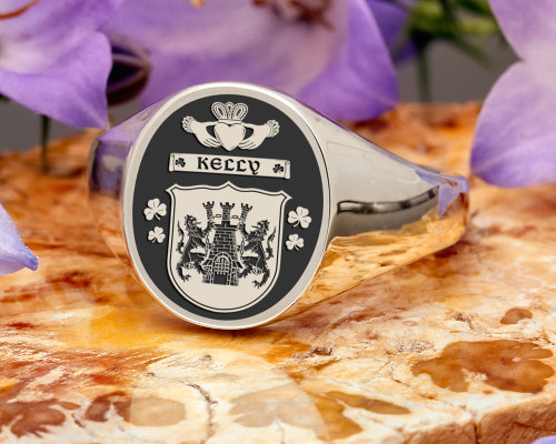 Kelly Irish Claddagh Family Crest Signet Ring