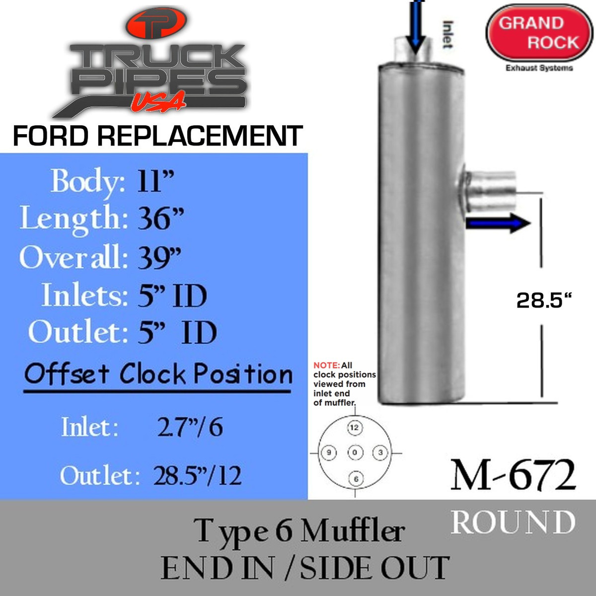 Ford Diesel Truck Muffler 11" x 36" 5" IN-OUT M-672 Type 6 | D13-2076