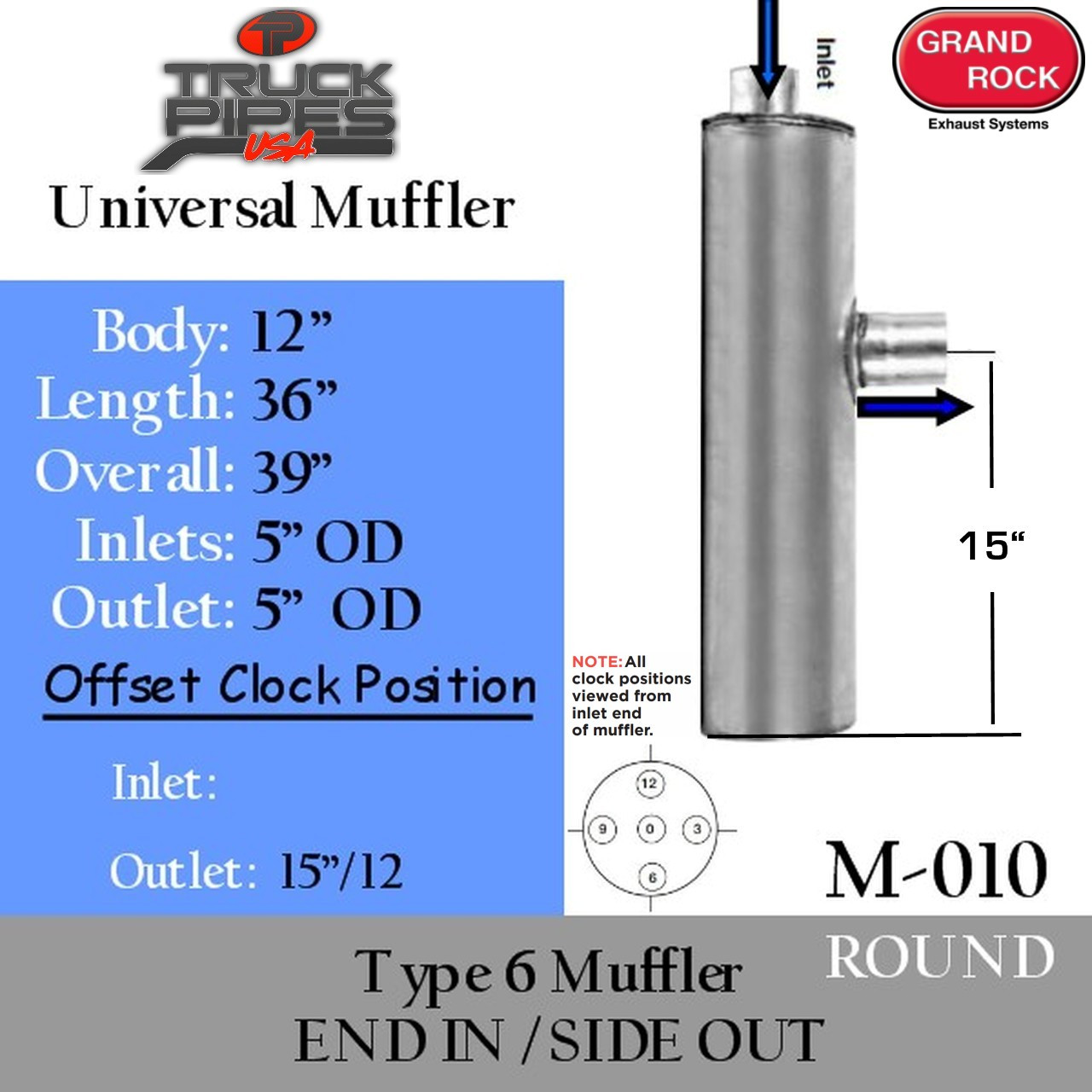 M-010 Type 6 Universal Truck Muffer 12" x 36" 5" OD IN-OUT
