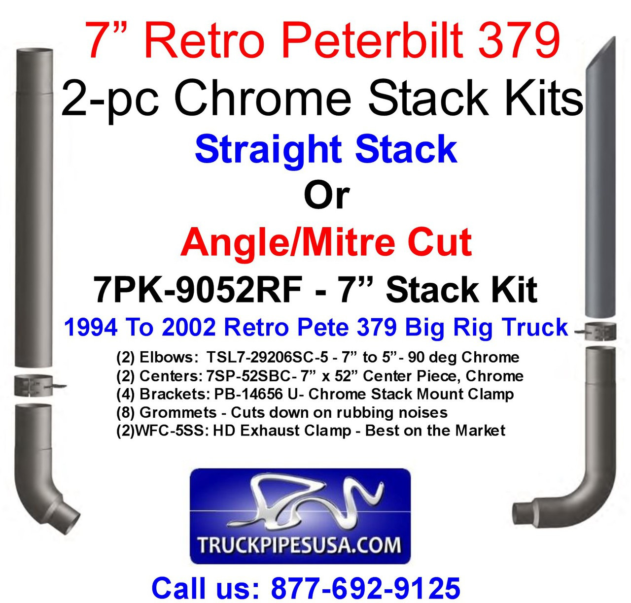7PK-9052RF 7" Peterbilt Retro 379 Chrome Stack Kit - 7PK-9052RF