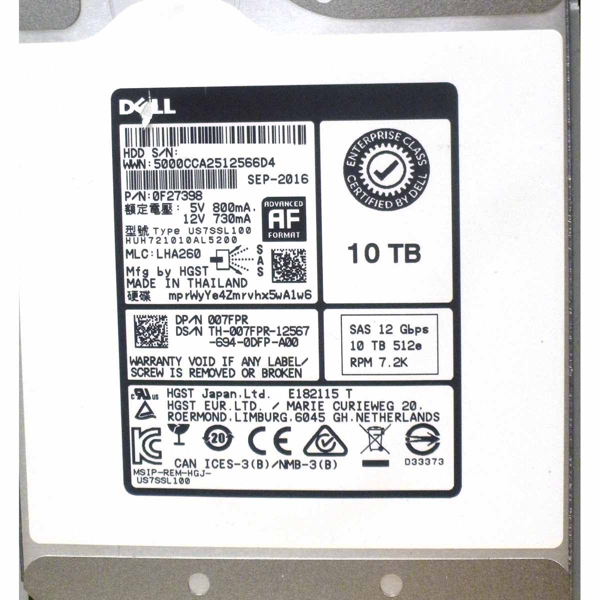 Dell 07FPR Hard Drive 10TB 7.2K SAS 3.5in | Certified Hard Drive