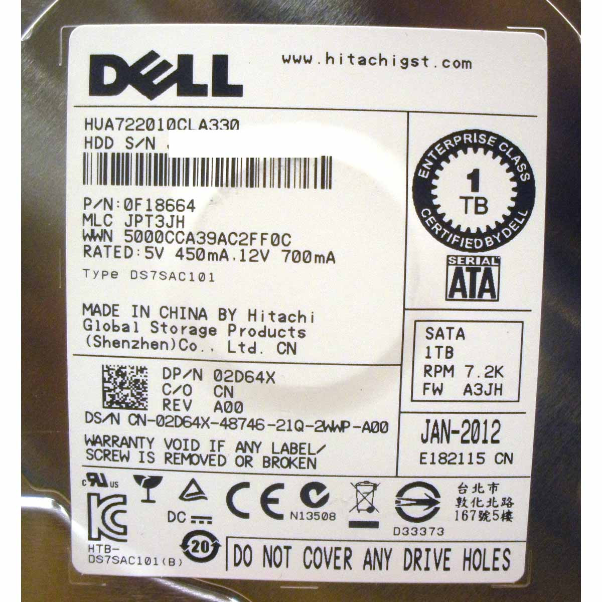 Dell 2D64X Hard Drive 1TB 7.2K SATA 3.5in