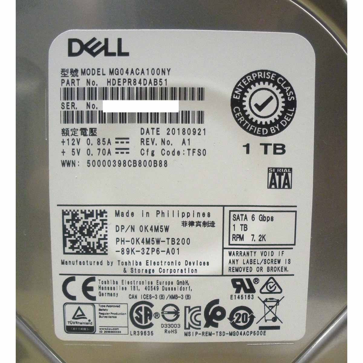 Dell K4M5W Hard Drive 1TB | Toshiba MG04ACA100NY