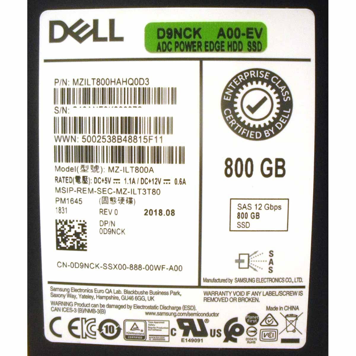 Dell D9NCK SSD 800GB SAS 2.5in 12Gbps w/Tray