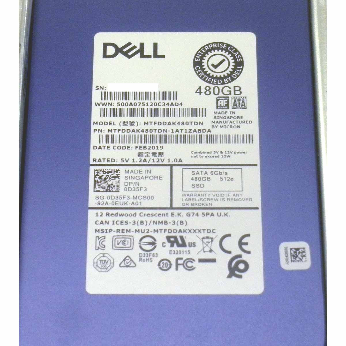 Dell D35F3 Solid State Drive 480GB SATA Mixed Use MLC 6G