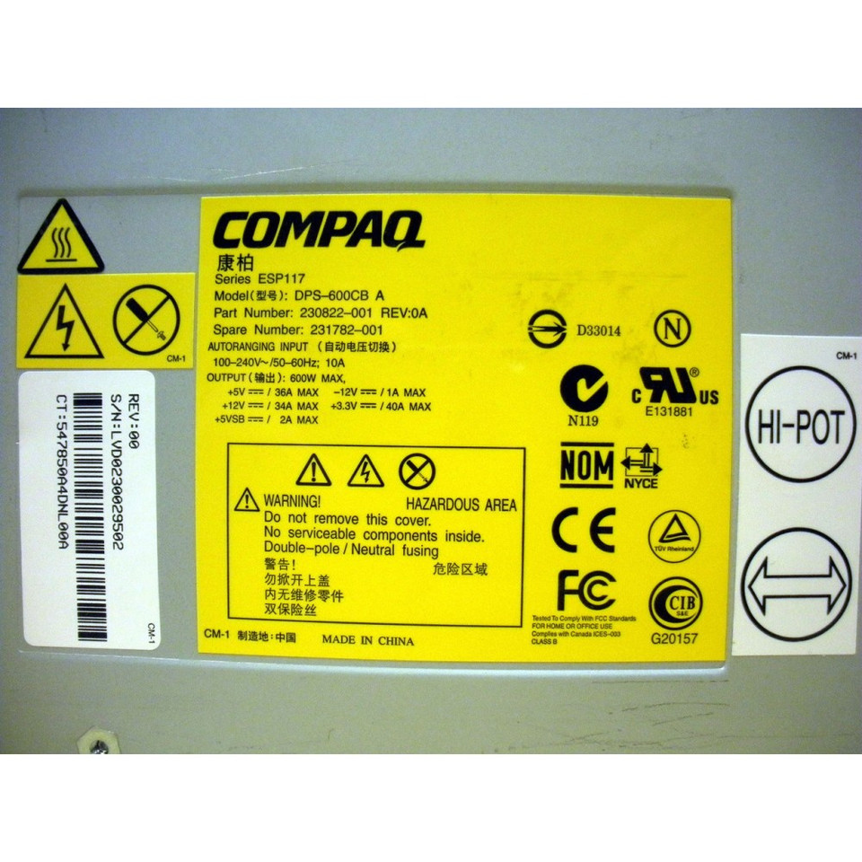 HP Compaq 231782-001 230822-001 600W Power Supply for ML530 G2 ML570 G2