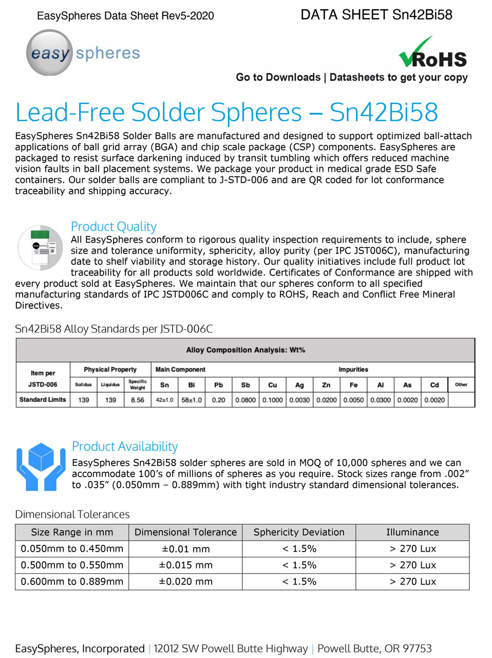 Solder Balls in Sn42Bi58 Alloy- .020 Diameter | EasySpheres