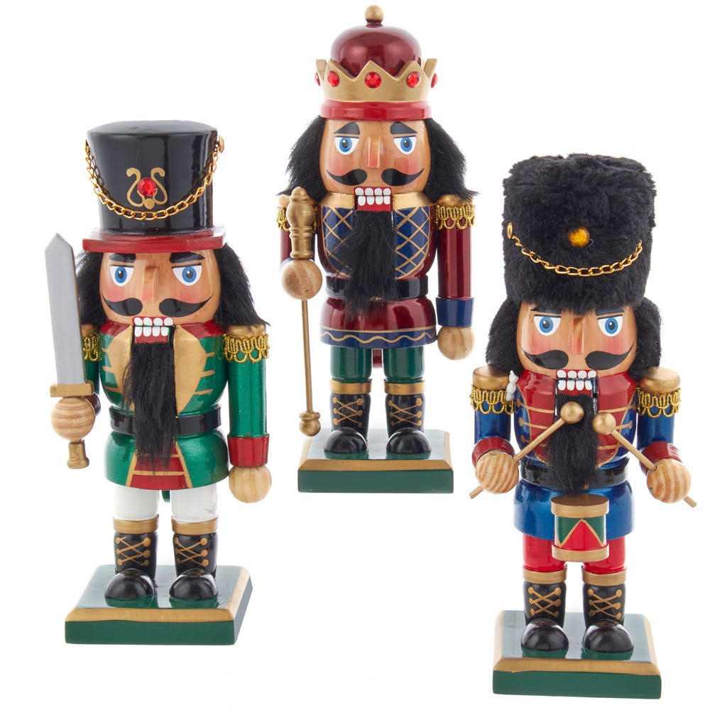 9“ Red, Black and Green Soldier and King Nutcrackers, 3 Assorted