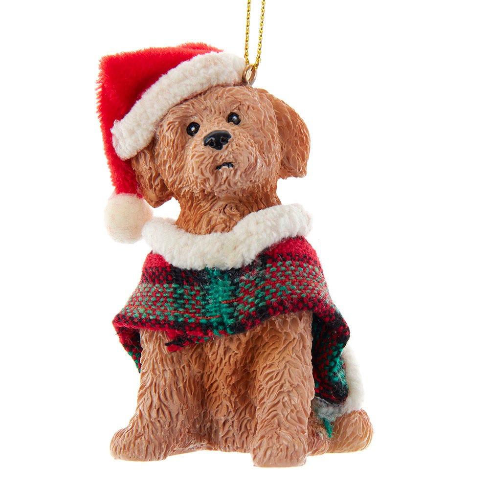Brown Labradoodle With Plaid Coat and Santa Hat Ornament