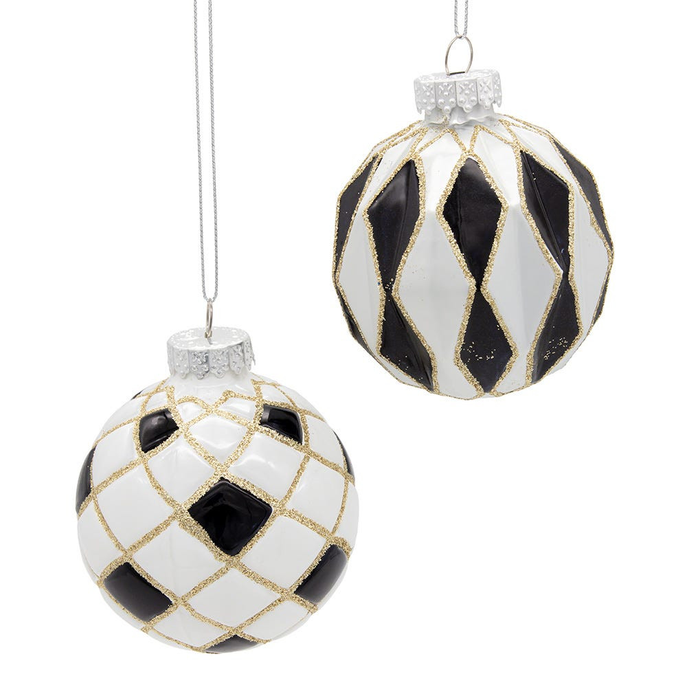 80MM Glass Black, White & Gold Checkered Ball Ornaments, 6-Piece Box