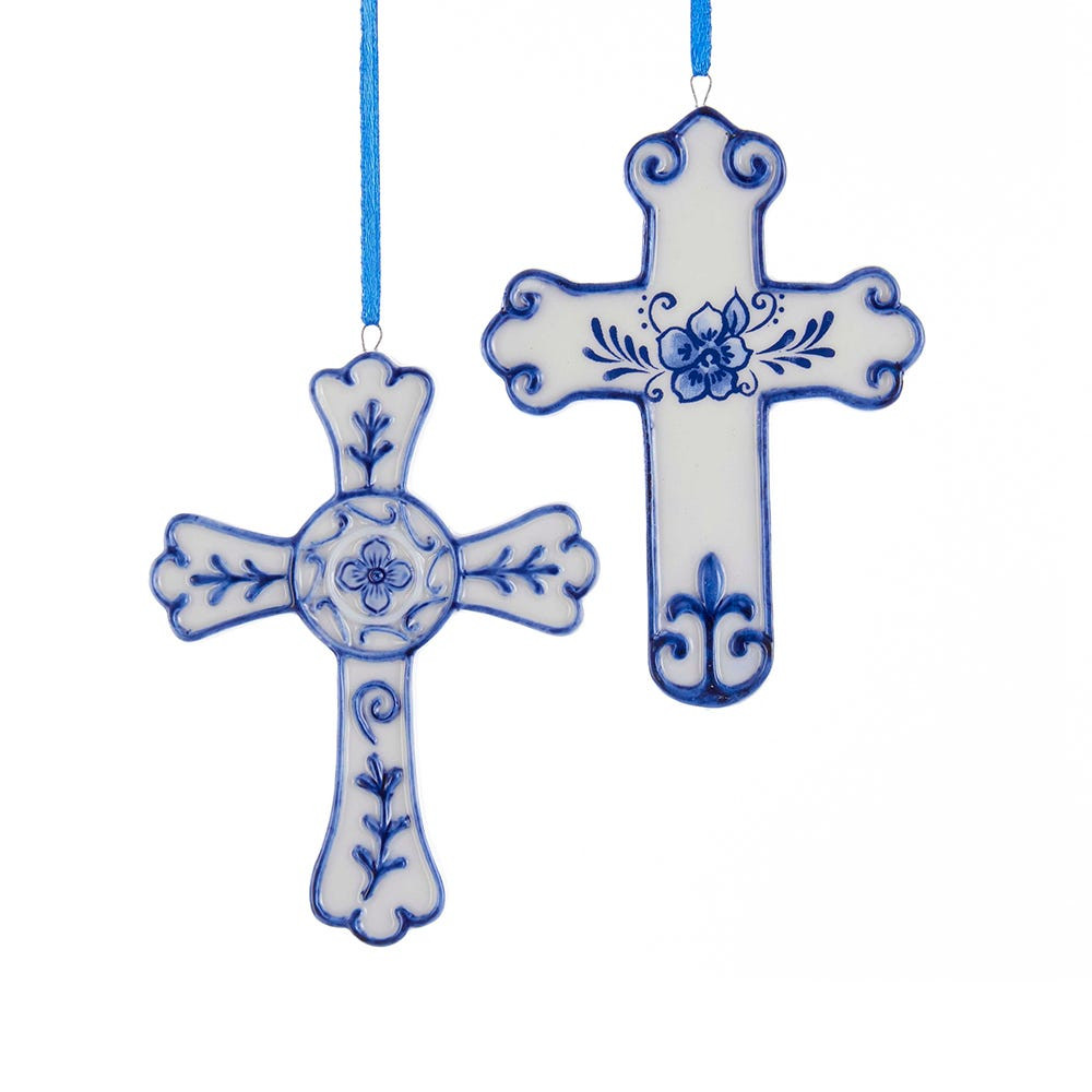 Porcelain Delft Blue Cross Ornaments, 2 Assorted - Kurt S. Adler Inc
