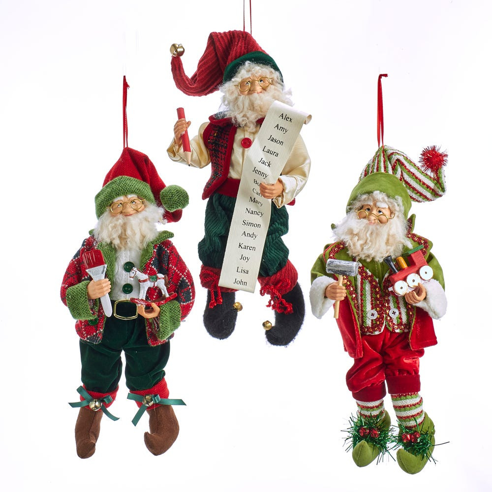 12" KSA Kringles Elf Ornaments, 3 Assorted - Kurt S. Adler Inc