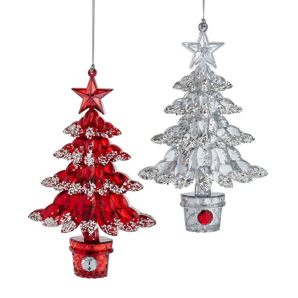 Red & Clear With Silver Glitter Christmas Tree Ornaments, 2 Assorted