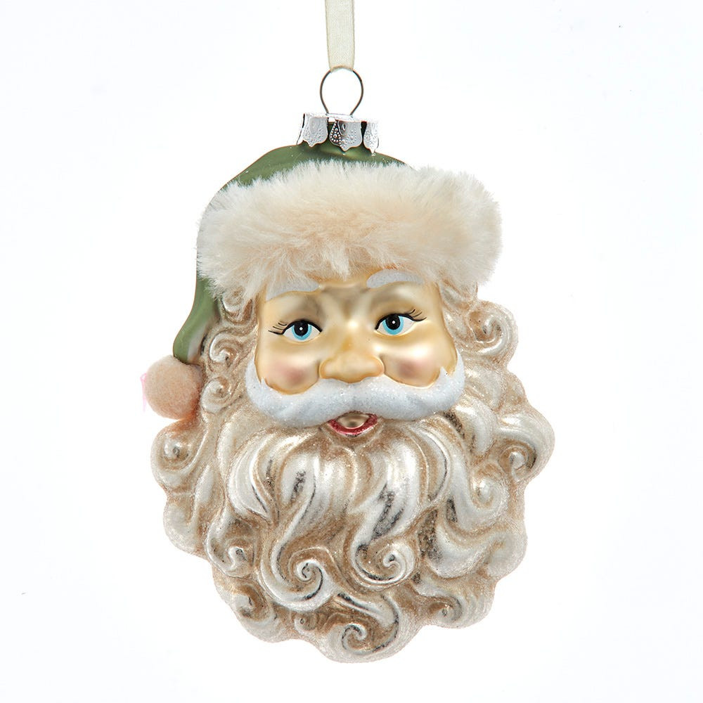 Glass Santa Head With Green Hat Ornament - Kurt S. Adler Inc