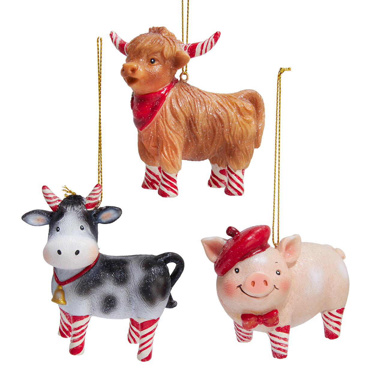 Candy Cane Farm Animal Ornaments, 3 Assorted