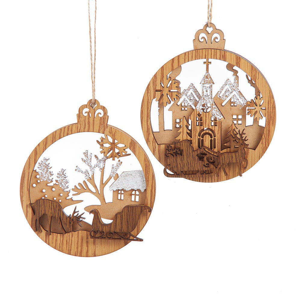 Wooden Round Reindeer & House Ornaments, 2 Assorted - Kurt S. Adler Inc