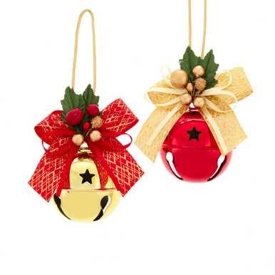 Red and Gold Bell With Ribbon Ornaments, 2 Assorted - Kurt S. Adler Inc