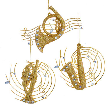 Gold Glittered Musical Instrument Ornaments, 3 Assorted
