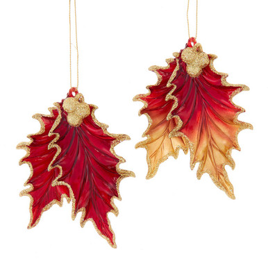 Red & Gold Leaf Ornaments, 2 Assorted
