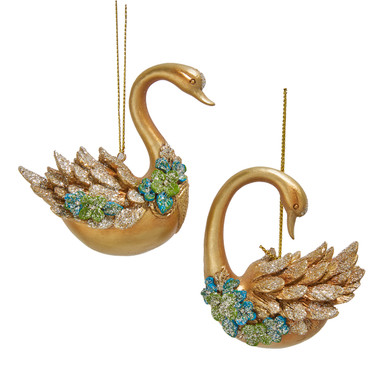 Gold, Blue & Green, Swan Ornaments, 2 Assorted - Kurt S. Adler Inc