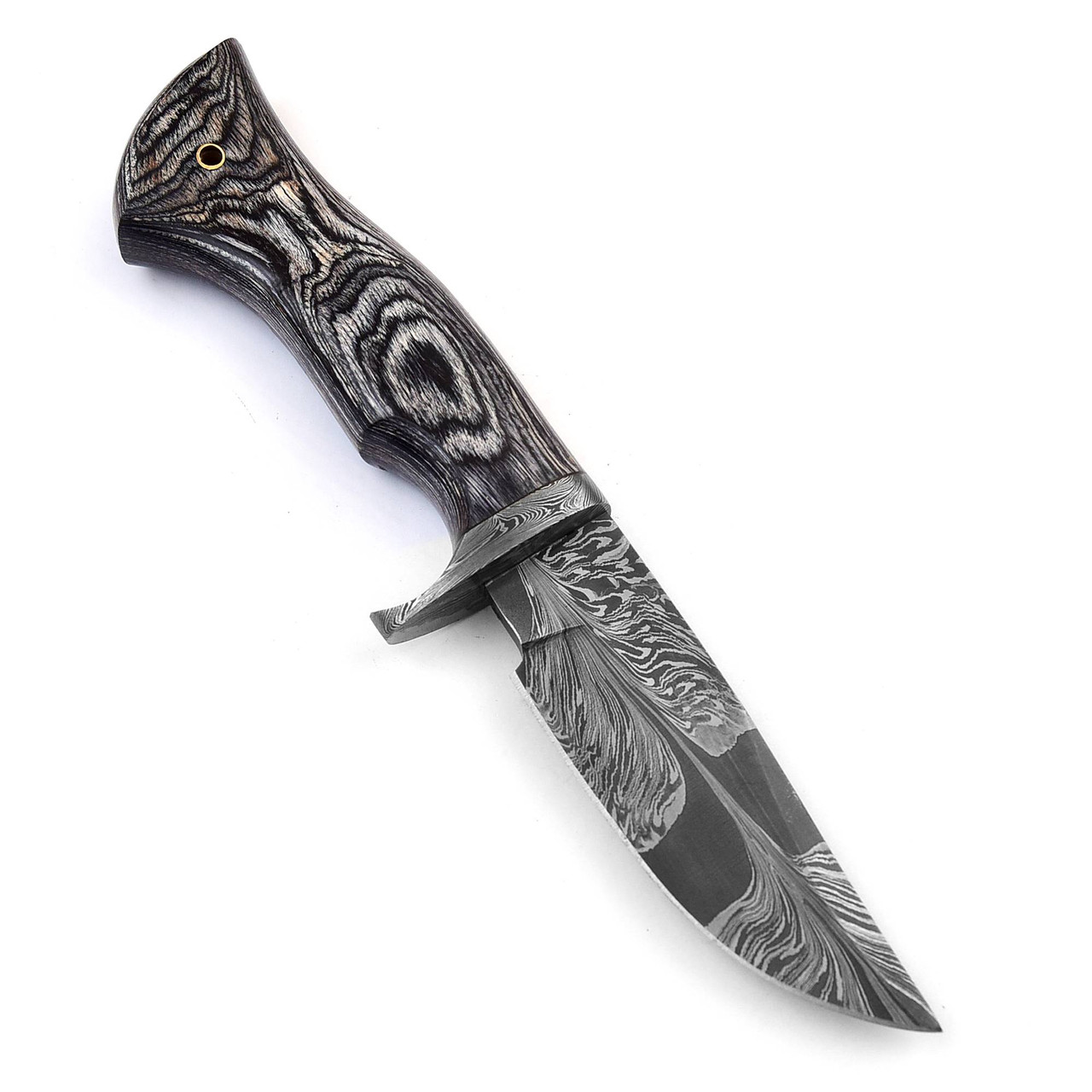 Damascus Steel Feather Pattern Hunting Knife with Leather Sheath