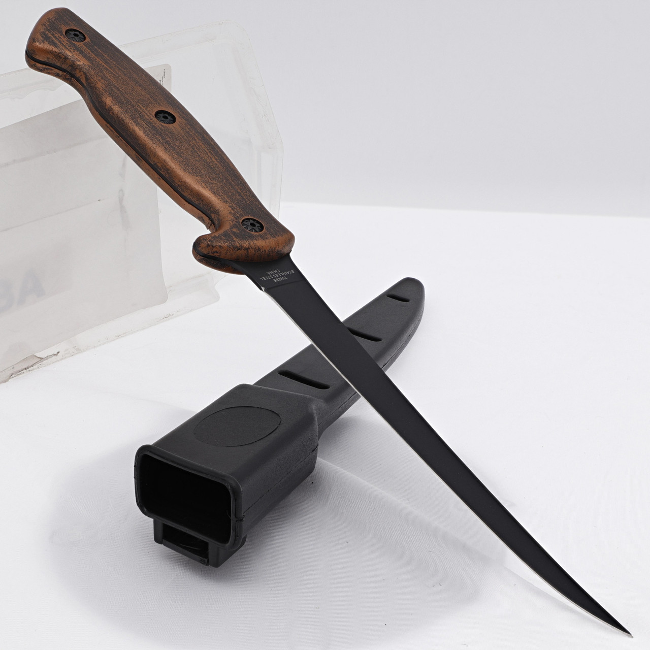Tactical Slim Fillet Knife –Black Blade, Hardwood Handle & Belt Clip Sheath