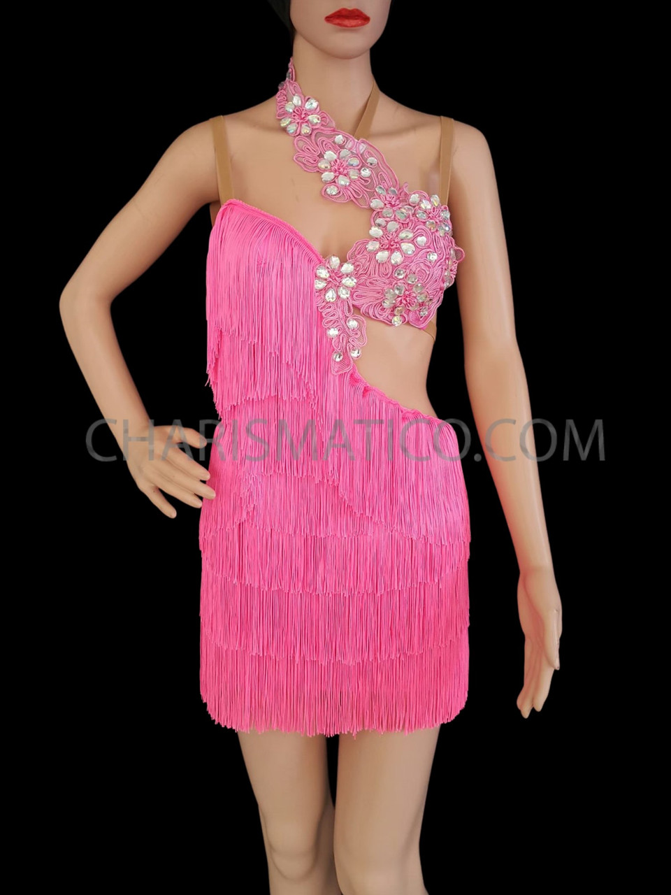 Asymmetrical Latin Hot Pink Fringe Salsa Dance Dress With Lace Applique
