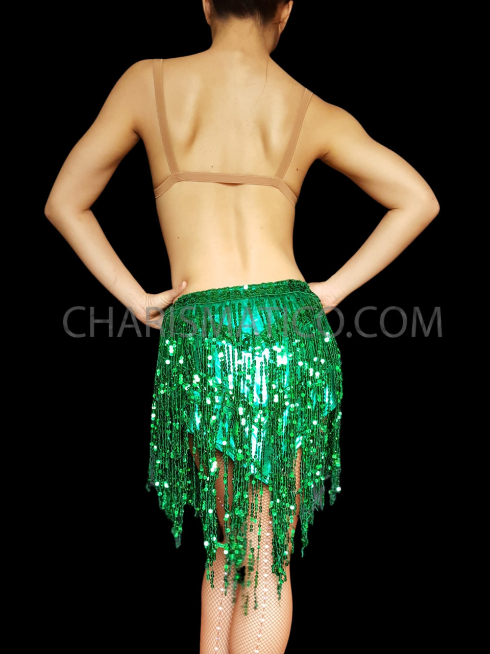 Deep Green Sequin Fringe Salsa Dance Dress With Applique Top