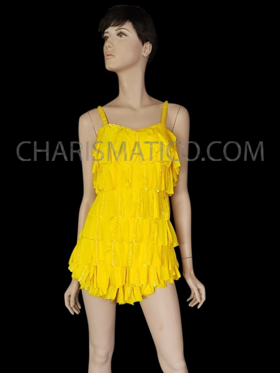 Yellow Sequin Accented Ribbon Fringe Leotard Style Samba Dance Dress