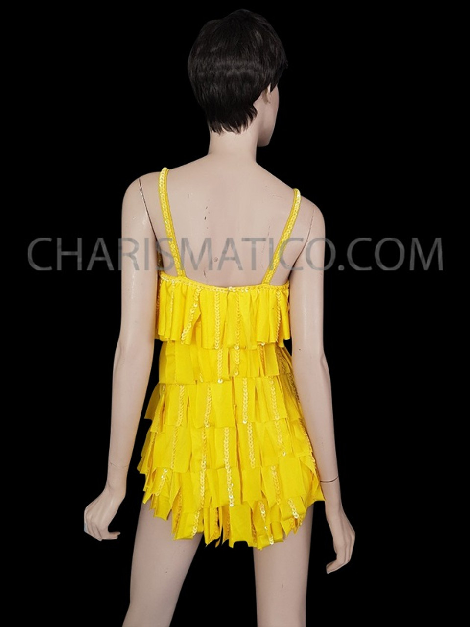 Yellow Sequin Accented Ribbon Fringe Leotard Style Samba Dance Dress