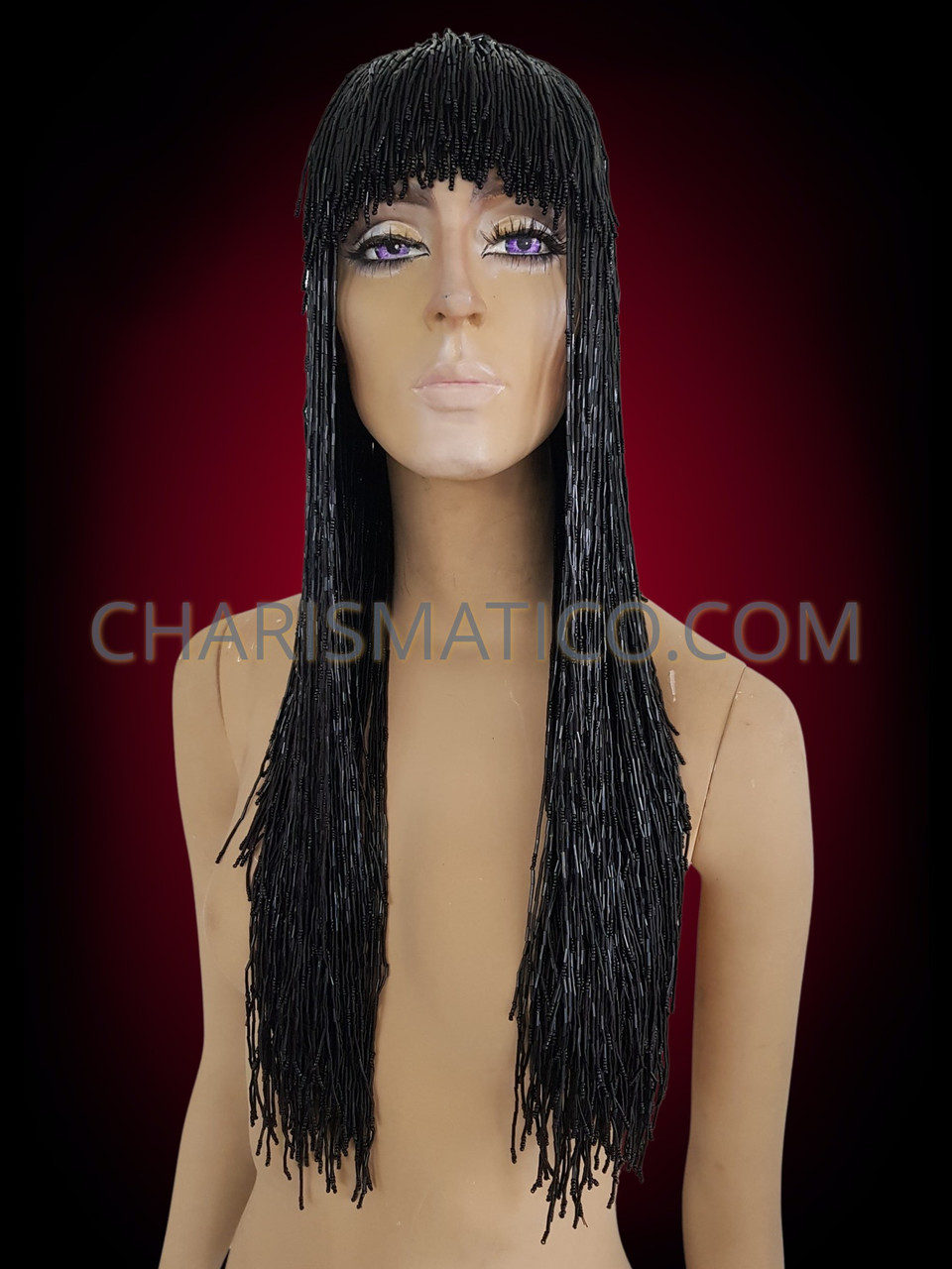 Black Blunt Cut Beaded Cher Styled Diva's Beaded Wig