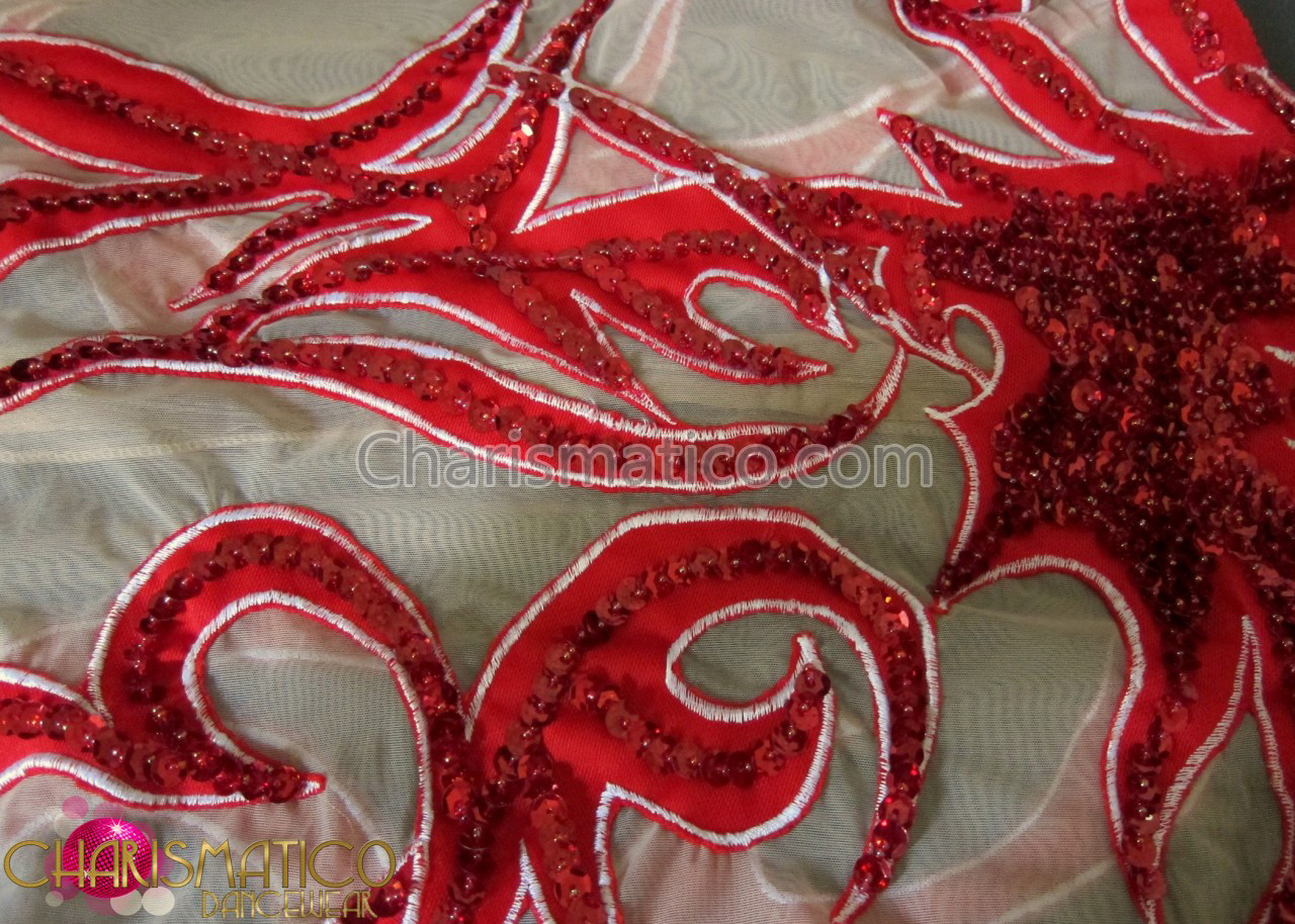 Red Sexy Nude Illusion Iridescent Crystal Edge Accent Burlesque Divas