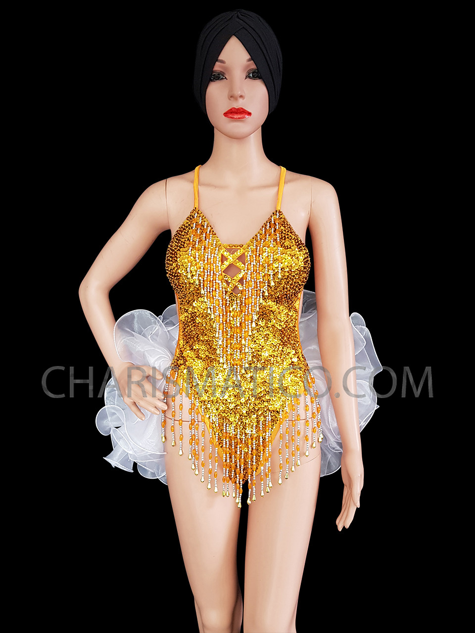 Gold Sequin Halter Style Fringed Leotard With Organza Ruffled Tail
