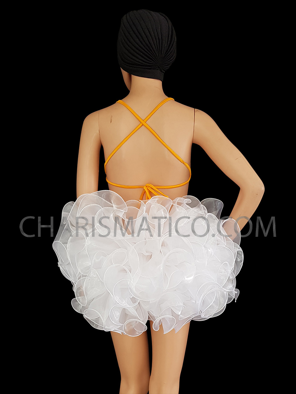 Gold Sequin Halter Style Fringed Leotard With Organza Ruffled Tail