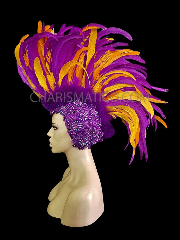 Feather Mohawk Headdress with Purple Floral Embroidery and Feather Top