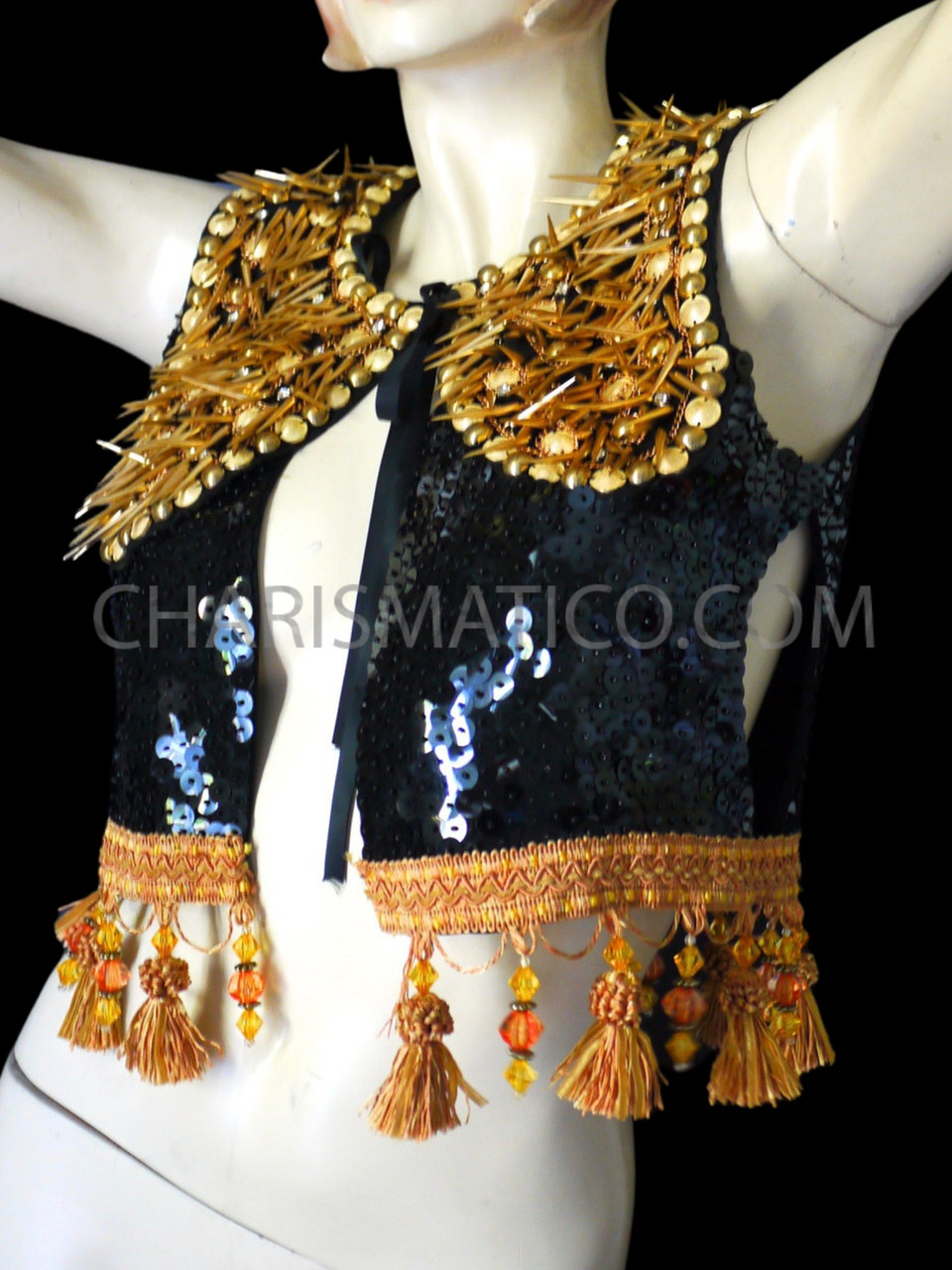 Black Sequin Half-Vest With Golden Beaded Accents And Bottom Tassels