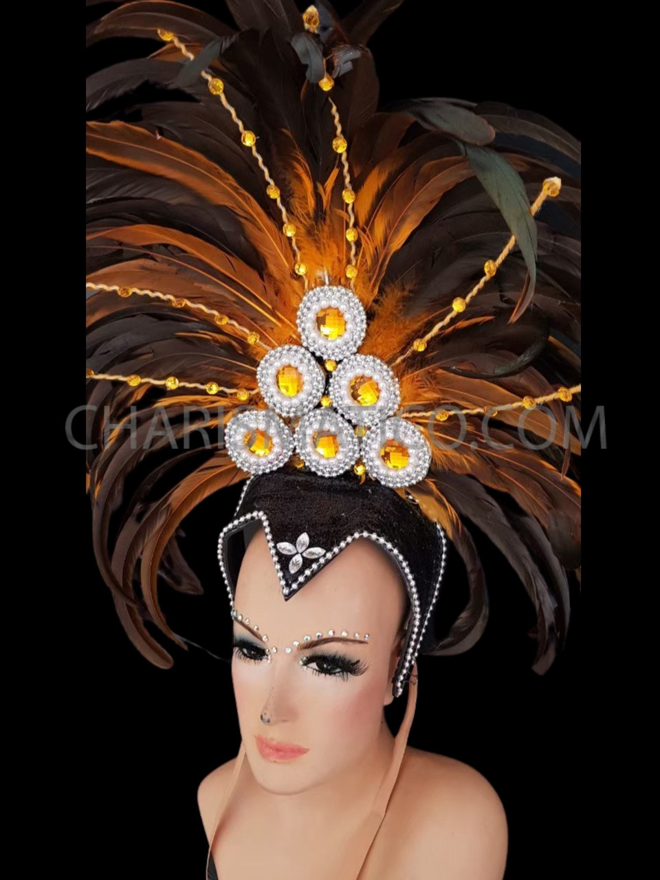 Classic Fancy Yellow Showgirl Diva's Cabaret Headdress With Amber Crystals