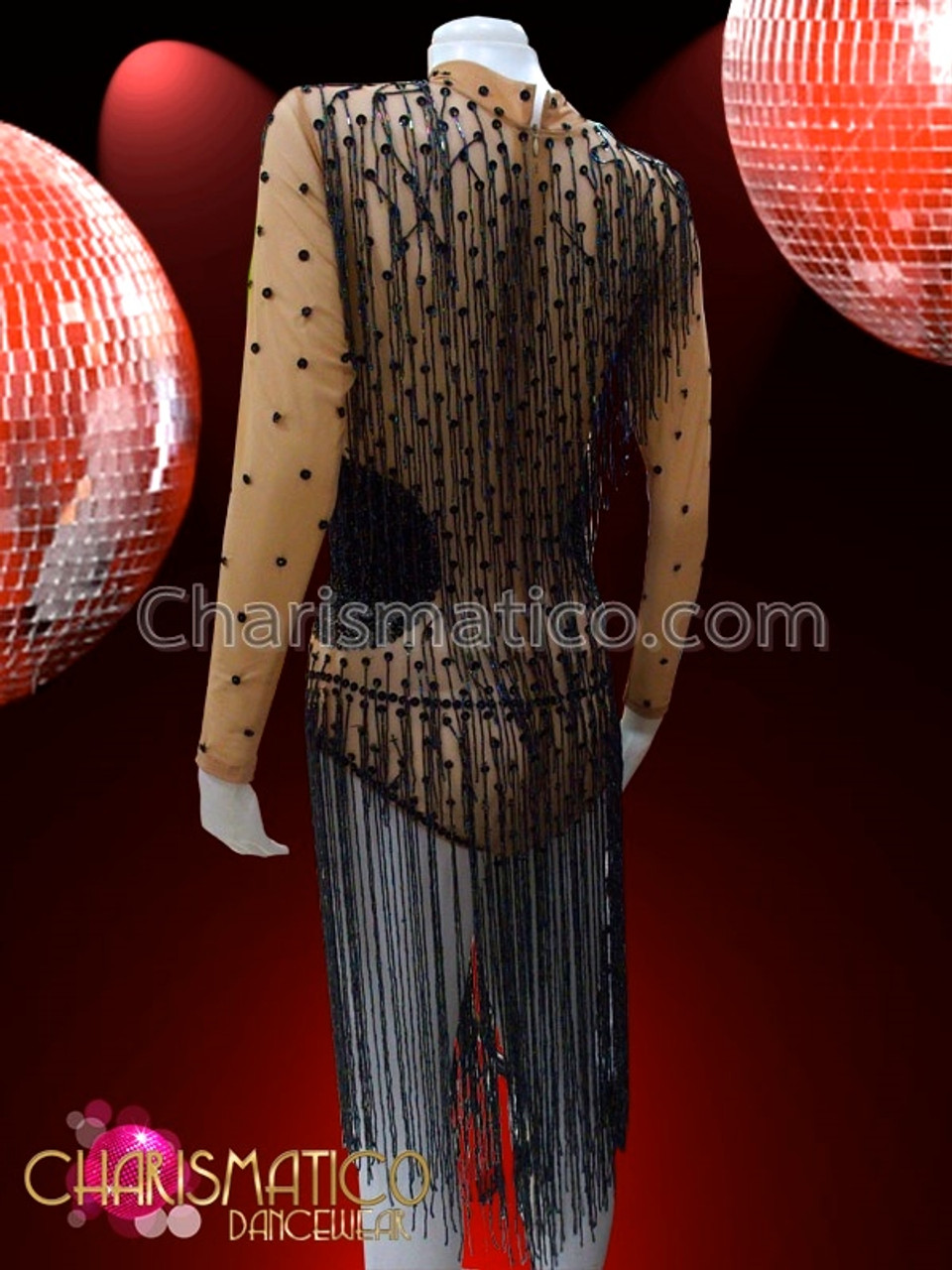 Nude Based Black Sequin Accented Beaded Fringe Latin Dance Dress