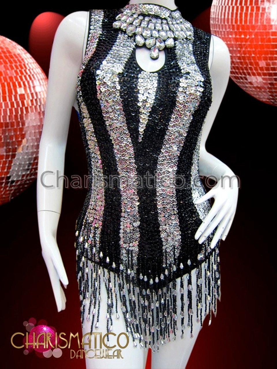Black And Silver Sequin Striped Keyhole Dancers Beaded Fringe Leotard