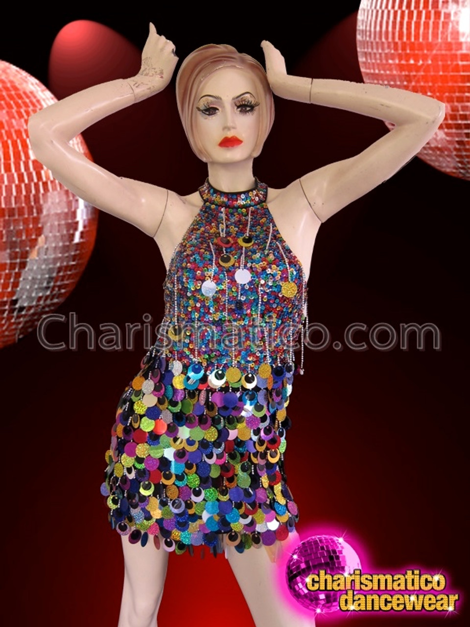 Divas Jumbo Sequin Accented Rainbow Multi Color High Neck Salsa Dress