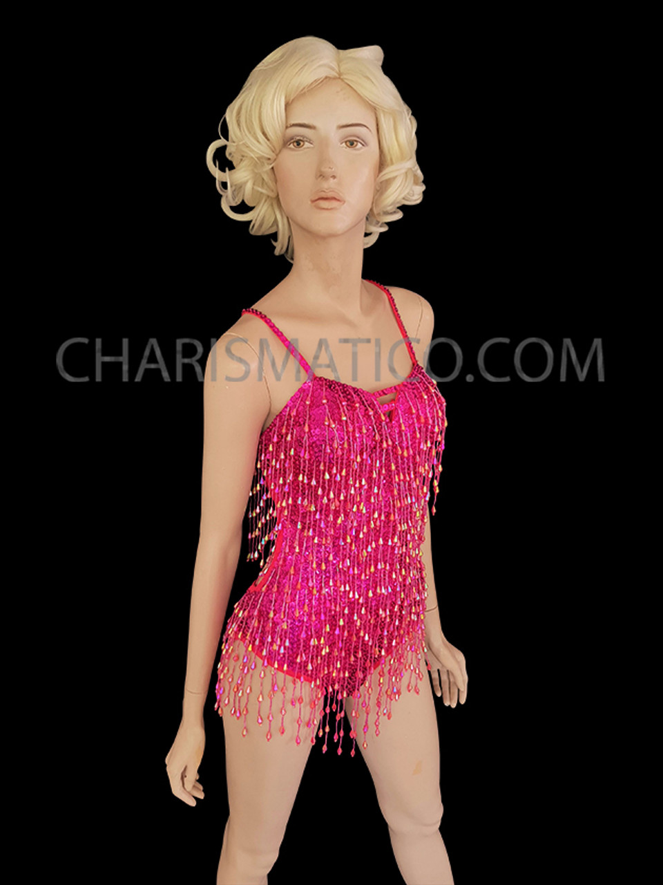 Classic Styled Fuchsia Beaded Fringe Showgirls Costume Base Dance Leotard