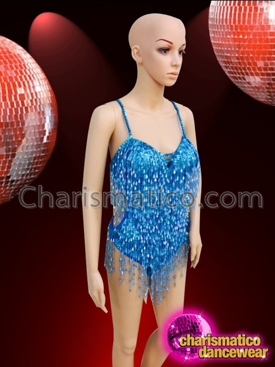 Classic Styled Blue Beaded Fringe Showgirls Costume Base Dance Leotard