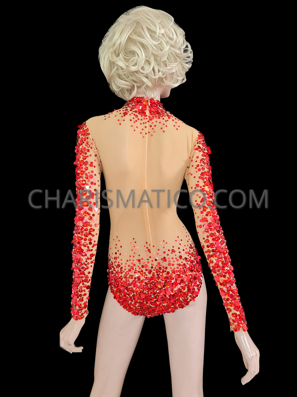 Nude Illusion Red Sequin Accented Dance Bodystocking