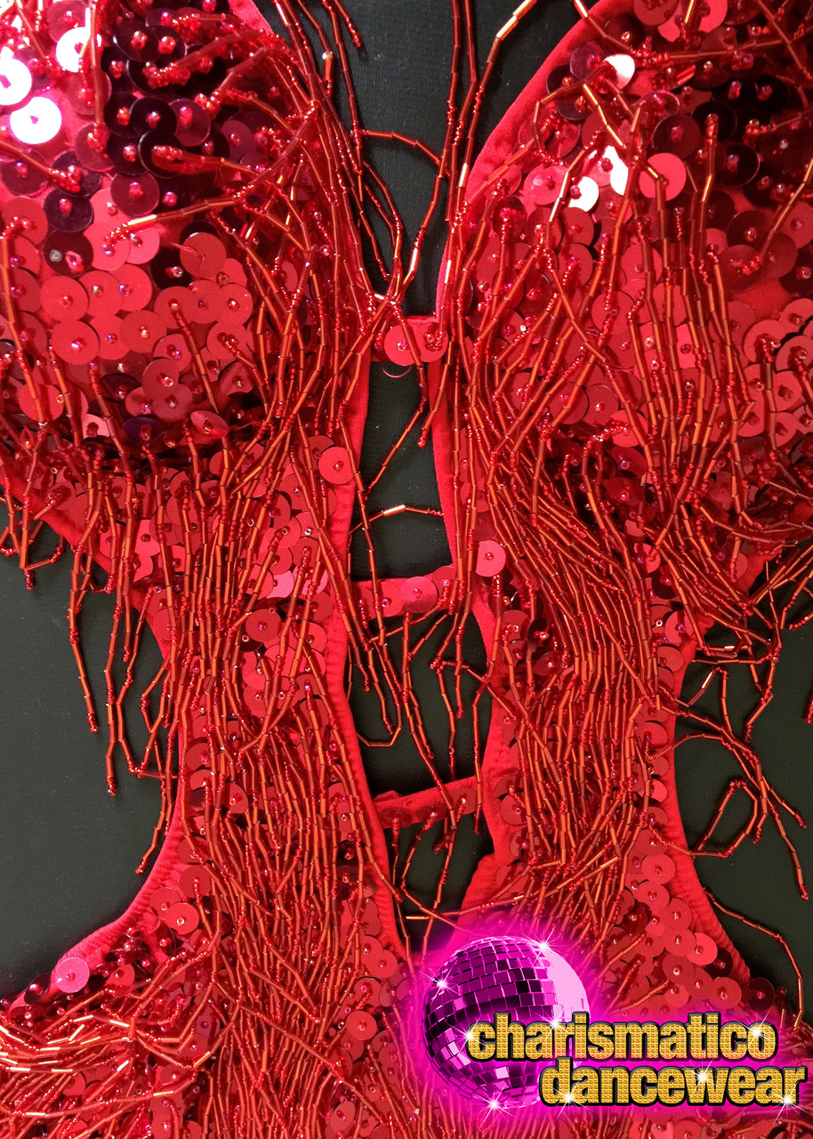 Red Sequin Based Beaded Fringe Divas Leotard With Side Cutouts