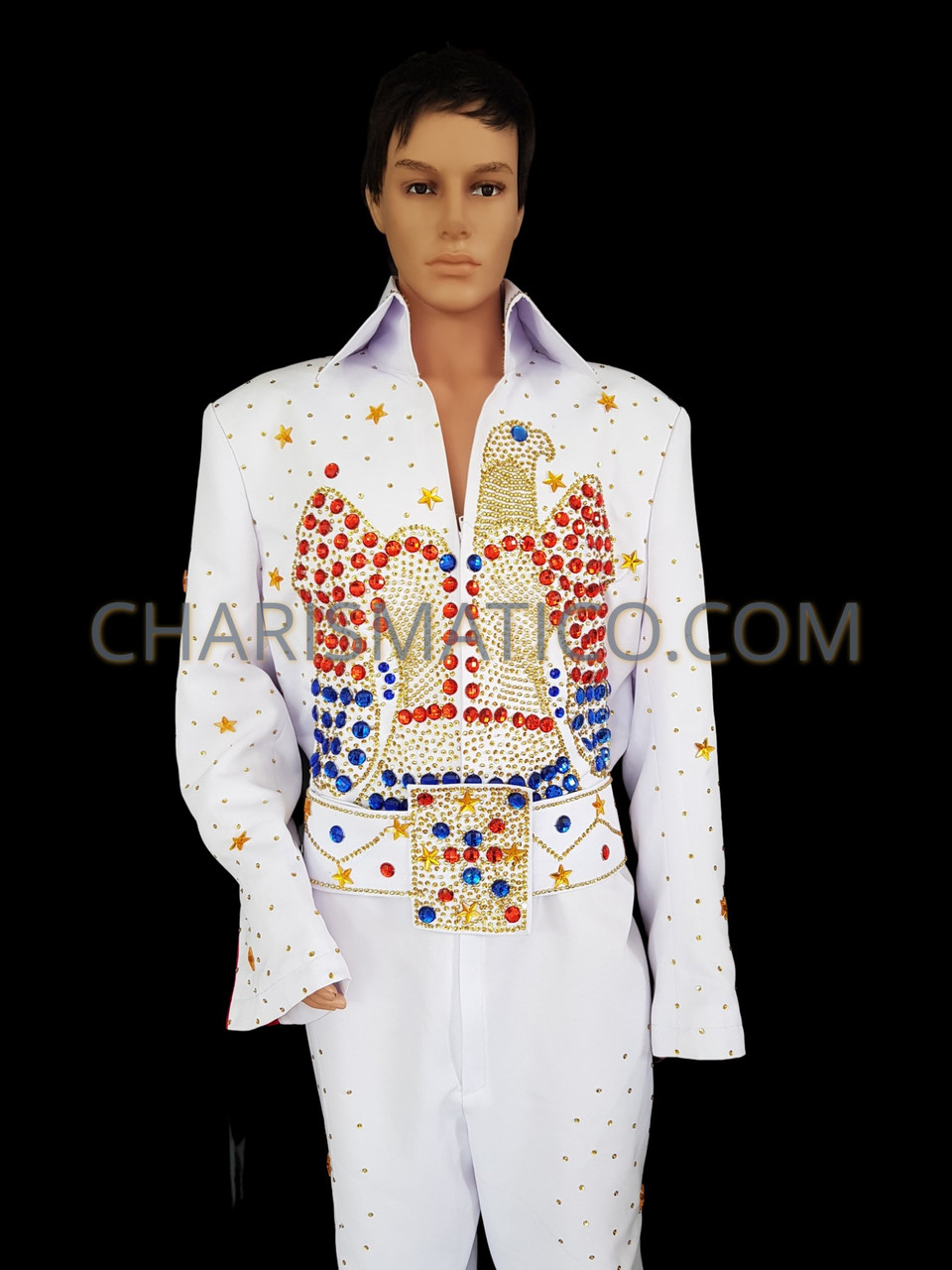 White Elvis Eagle Gold And Blue Beaded Jumpsuit