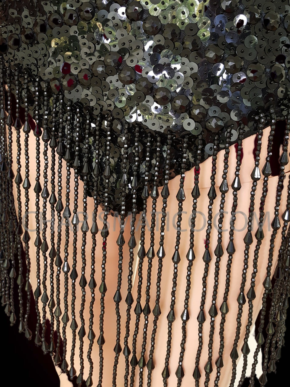 Halter Style Black Sequin Leotard With Long Beaded Fringe