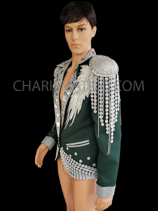 Green Mirror Styled DJ Suit With Heavy Designs Down The Arms